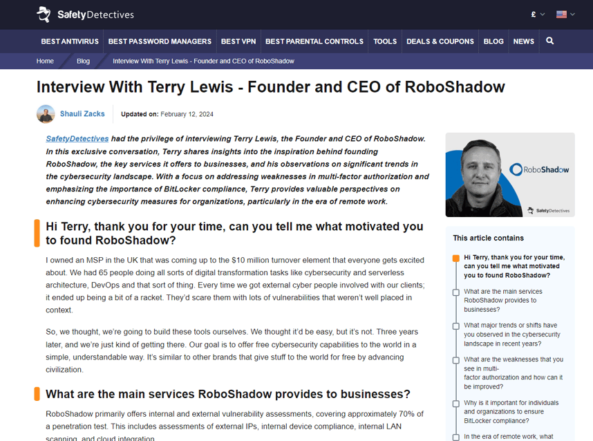 SafetyDetectives Exclusive: Interview with RoboShadow's Terry Lewis